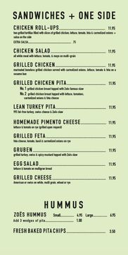 Zoes menu store